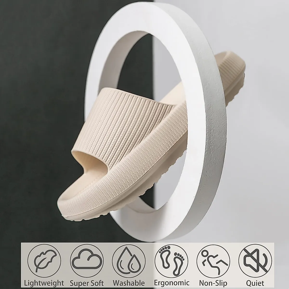 rosyclo Cloud Slides Slippers for Women and Men, Pillow Shower Bathroom Non-Slip Open Toe Super Soft Comfy Home House Cloud Cushion Slide Sandals for Indoor & Outdoor Shoes, Beige Tan