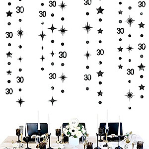 Black 30th Birthday Decorations Number 30 Circle Dot Twinkle Star Garland Metallic Hanging Streamer Bunting Banner Backdrop for Mens Womens Happy Dirty 30 Year Old Thirty Anniversary Party Supplies