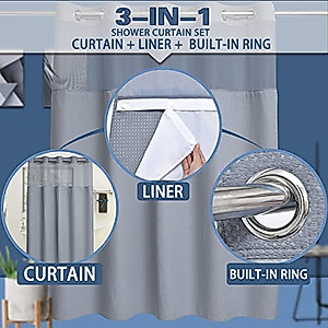 KONZENT Waffle Shower Curtain No Hook Needed Hook Free Shower Curtain Hotel Fabric Shower Curtain Machine Washable with Snap in Removable Liner for Bathroom Bathtubs Spa(Grey,71" (W) X 74" (H))