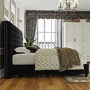 PaPaJet Bed Frame King Size Velvet Upholstered Sleigh Bed Platform with Deep Button Tufted Rolled Edge Headboard, Wood Slats Support/No Box Spring Needed/Black