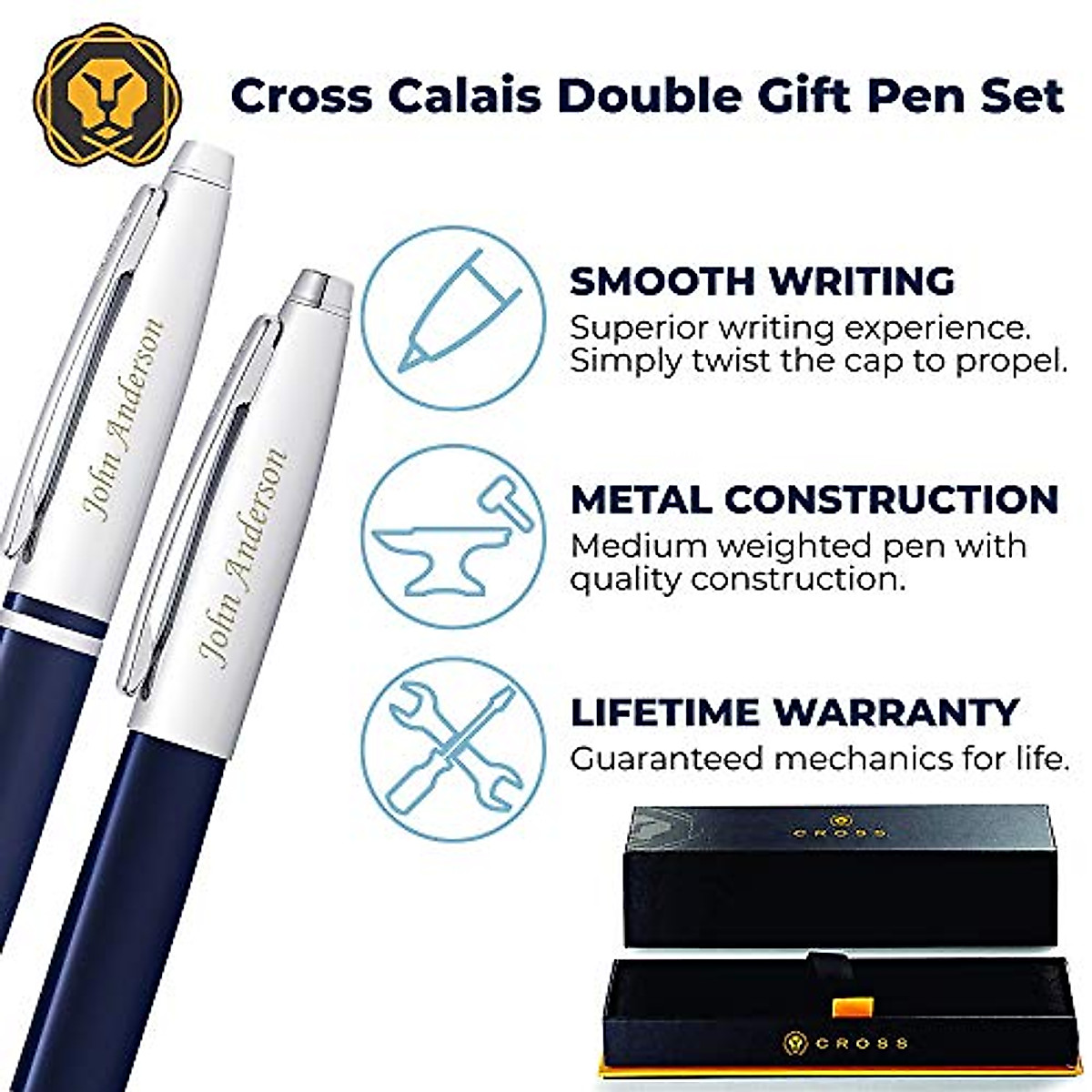 Cross Pen Set | Engraved/Personalized Cross Calais Ballpoint and Rollerball Double Pen Gift Set with Case - Blue. Engraved gift for man or women, with your custom name or message