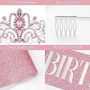 Pink Tiara Sash Gifts for Women's Birthday - Rhinestone Crystal Headband Princess Queen Crown Accessories