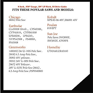 UPFOREST 8 Inch Pole Saws & Chainsaw Chain 3 Pcs S33 .050" Gauge, 3/8" LP pitch, 33 Drive Links Compatible with Chicago SWJ800E SWJ802E Sun Joe Harbor Freight 62896 68862 Earthwise Greenworks and More