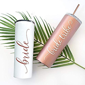 Bride to Be Skinny Tumbler | 20 oz Bride Tribe Stainless Steel Wine Tumblers | Engagement Wedding Gifts Bridesmaids Mugs Bachelorette Party Supplies & Games | Insulated Skinny Rose Gold Cups