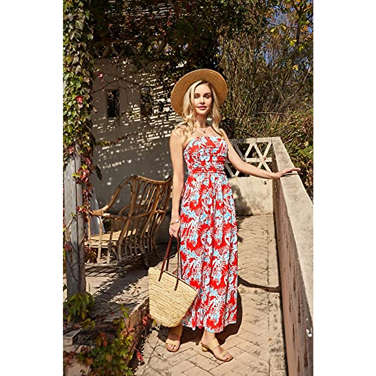 GRACE KARIN Women Strapless Casual Loose Ruched Long Maxi Dress with Pockets Blue White