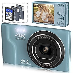 Saneen Digital Camera, 4K Kids Camera with 32GB SD Card and 2 Rechargeable Batteries, 48MP & 16X Digital Zoom Compact Point and Shoot Photography Cameras for Kids, Beginners, Elder - Blue