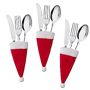 Amosfun 12pcs Christmas Silverware Holders Pockets Santa Hat Cutlery Pouch Bag Utensil Holders for Xmas Holiday Table Decoration