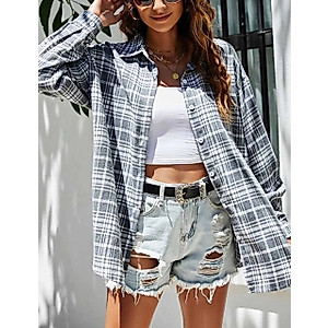 HangNiFang Flannel Plaid Shirts for Women Oversized Button Down Shirts Blouse(0768-Grey-XL)