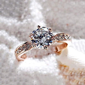 QJLE 1.5 Carat Fake Wedding Rings, Dainty Cubic Zirconia 18K Rose Gold Plated Rings for Women Promise Engagement Stacking Rings Size 8 Band