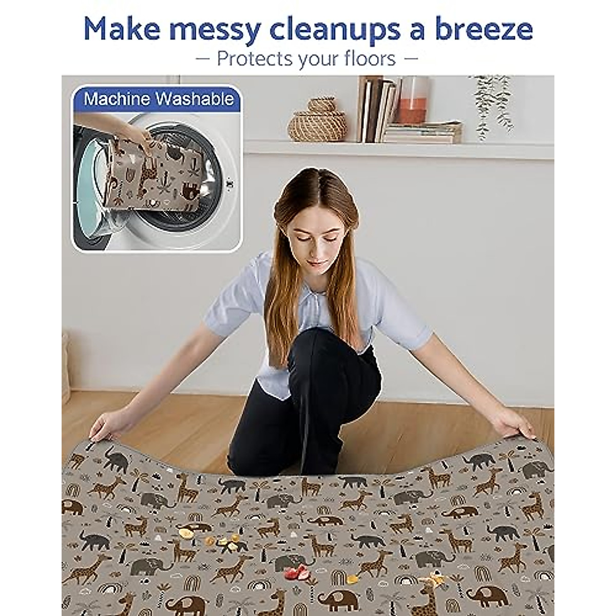 Baby Splat Mat for Under High Chair, 51 x 51 Inch Splash Mat, Waterproof and Washable Spill Mat, Anti-Slip Floor Protector, Elephant&Giraffe