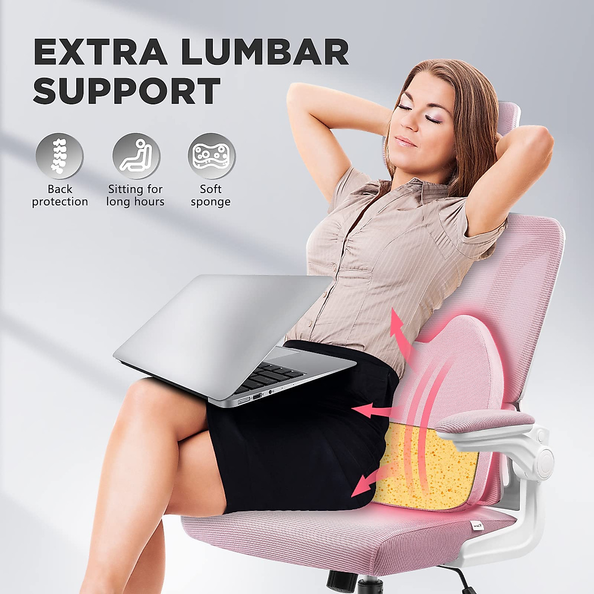 Soontrans Pink Ergonomic Office Chair with Lumbar Support Pillow, Mesh Office Chair with Adjustable Arms & Headrest, Rocking Office Desk Chair, Comfortable Ergonomic Chair