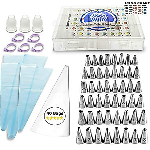 Aleeza Cake Wonders Get FROSTED! Piping Bags and Tips Set – 100 pcs Cake Decorating Kit with 40 Frosting Bags, 48 Icing Tips and Design Chart. Pastry, Cookie, Cupcake and Cake Decorating Supplies