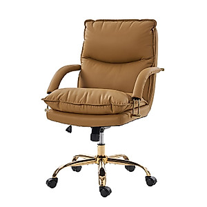 HULALA HOME Office Desk Chair, Leather Adjustable Swivel Computer Chair with Golden Legs and Padded Arms, Comfy Upholstered Task Chair, Camel