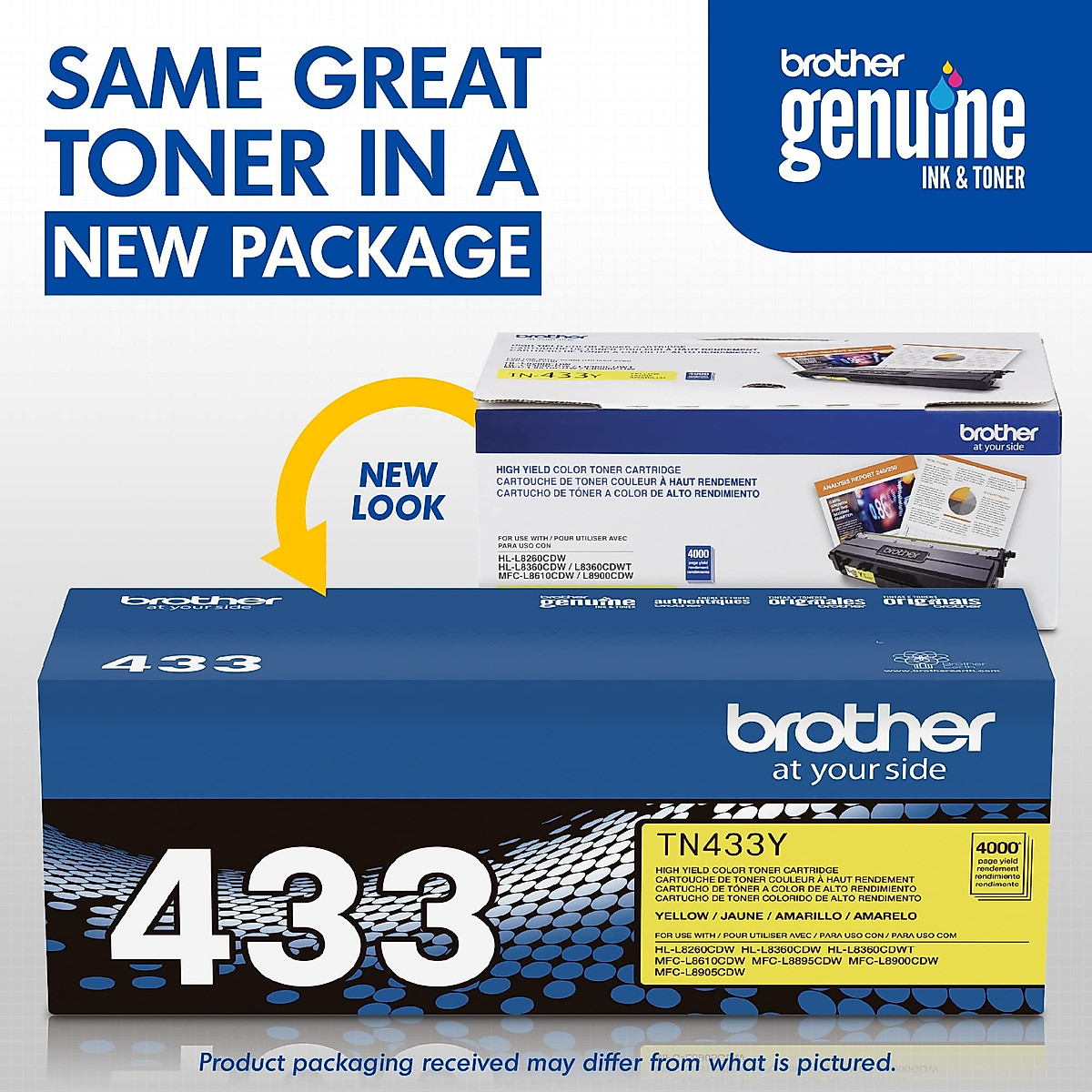 Brother Genuine High Yield Toner Cartridge, TN433Y, Replacement Yellow Toner, Page Yield Up to 4,000 Pages, Amazon Dash Replenishment Cartridge, TN433