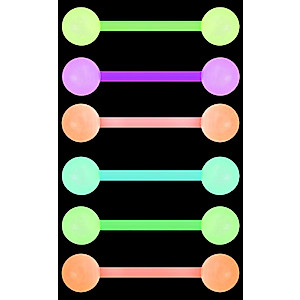 Forbidden Body Jewelry Lot of 6 Glow In The Dark Tongue Rings: 14G 16mm (5/8 Inch) Bioflex Tongue Ring Barbell Set