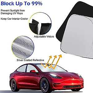 Small Ant for Tesla Model 3 2016-2023 Car Windshield Sun Shade Folding Front Window Sun Shade Cover Heat Protection Visor, 7PCS Set, Silver and Black