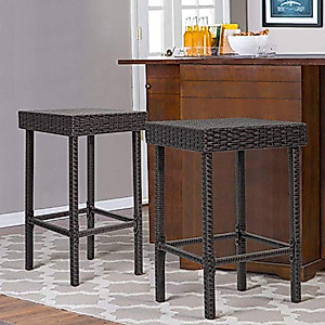 Flamaker Brown Wicker Barstool Outdoor Patio Furniture Bar Stools Set of 2 Height Bar Chairs High Backless Stools Rattan Dining Chairs