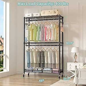 SEMHOR S3 Portable Closets 3 Tier Rolling Clothes Rack Heavy Duty Clothing Rack with Storage Basket 2 Hanging Rod and 2 Side Hooks, Freestanding Adjustable Wardrobe Garment Rack for Bedroom Laundry