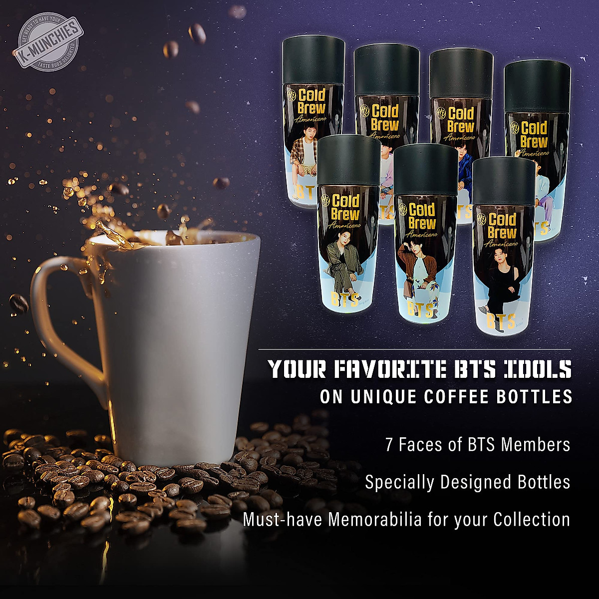 K-Munchies Paldo BTS Coffee - 7 x 270 mL BTS Cold Brew Coffee Americano Premium Package - Bottled Cold Coffee Drink - Instant Canned Coffee Cold Brew Beverages Featuring South Korea's Bangtan Boys