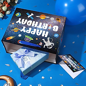 Outer Space Birthday Gift Bag for Kids, Blue Gift Bag with Card Tissue Paper Rocket Planet Gift Bag Birthday Wrapping Paper Bags Outer Space Party Gift Bag Decorations for Boys Girls Birthday Party