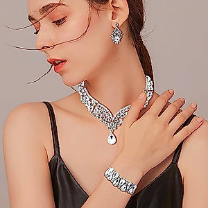 IRONBOX Crystal Wedding Bridal Jewelry Set for Women Prom Sliver Rhinestone Teardrop Necklace Earrings Bracelet Wedding Bridesmaid Gifts Fit with Wedding Dress
