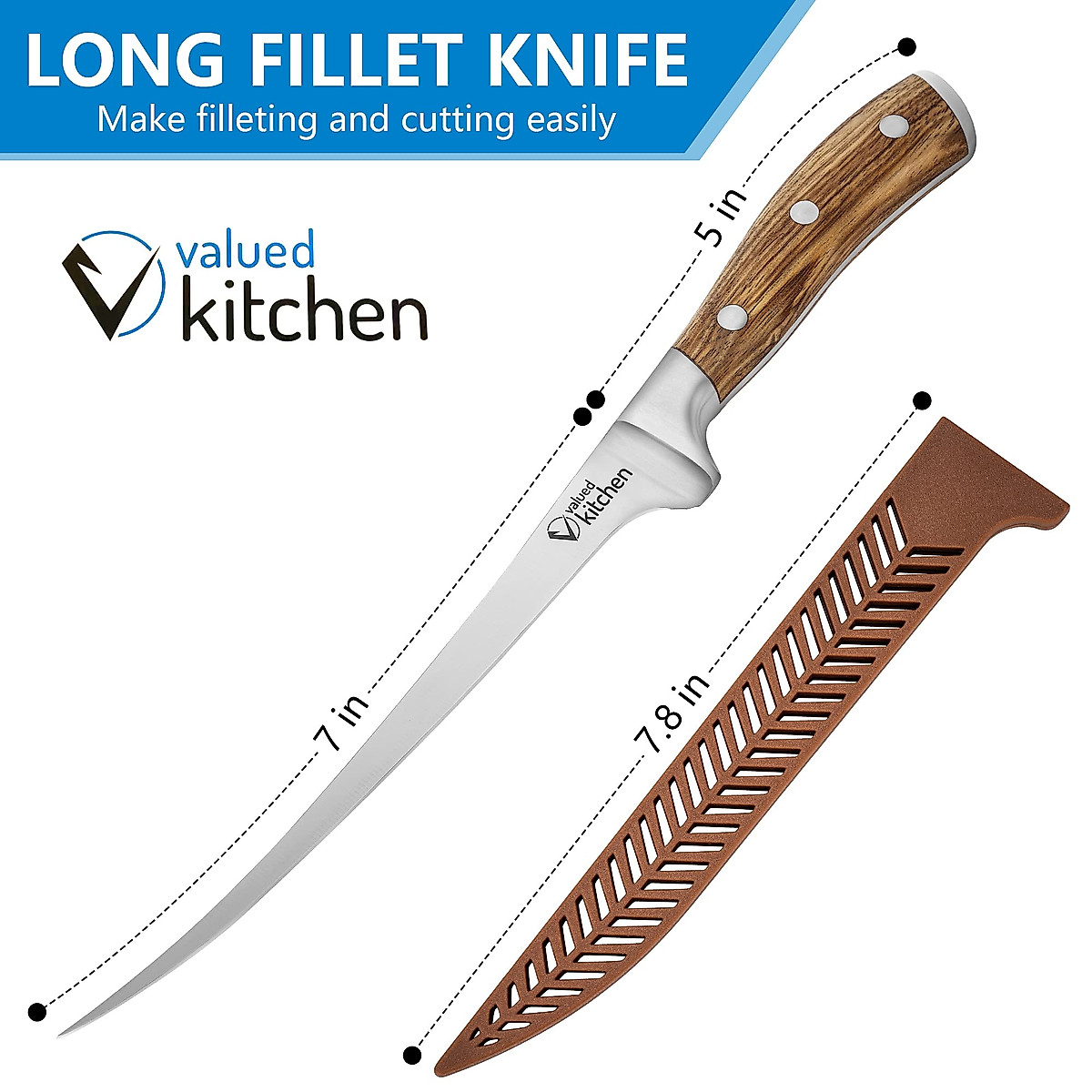 Filet Knife For Fish (7CR17MOV) - (7 inch) Stylish Fillet Knife For Family - Fillet Knife For Meat - Reliable Fishing Knives for Indoor Outdoor - Best Fillet Knife wooden handle- Fish Knife Filleting
