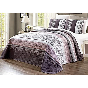 Grand Linen 3-Piece Oversize (115" X 95") Fine Printed Prewashed Quilt Set Reversible Bedspread Coverlet King Size Bed Cover (Purple. Grey, Black, White, Floral)
