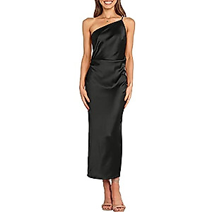 ANRABESS Women Summer Satin One Shoulder Bodycon Maxi Dress Sleeveless Split Evening Night Party Cocktail Formal Dresses Elegant Wedding Guest Graduation Prom Dresses 902heise-XL Black