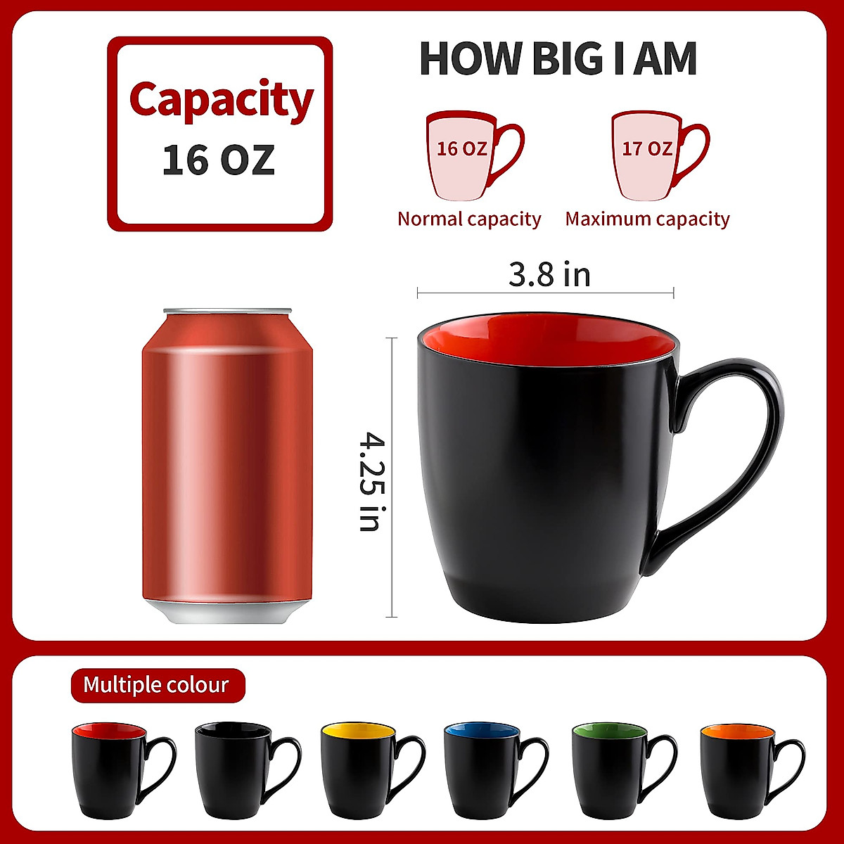superyes Black Mugs-Sets of 6 for Coffee Cappuccino Latte Cups Set 16OZ(500ml) Red/Yellow/Blue/Green/Orange/Black Inside