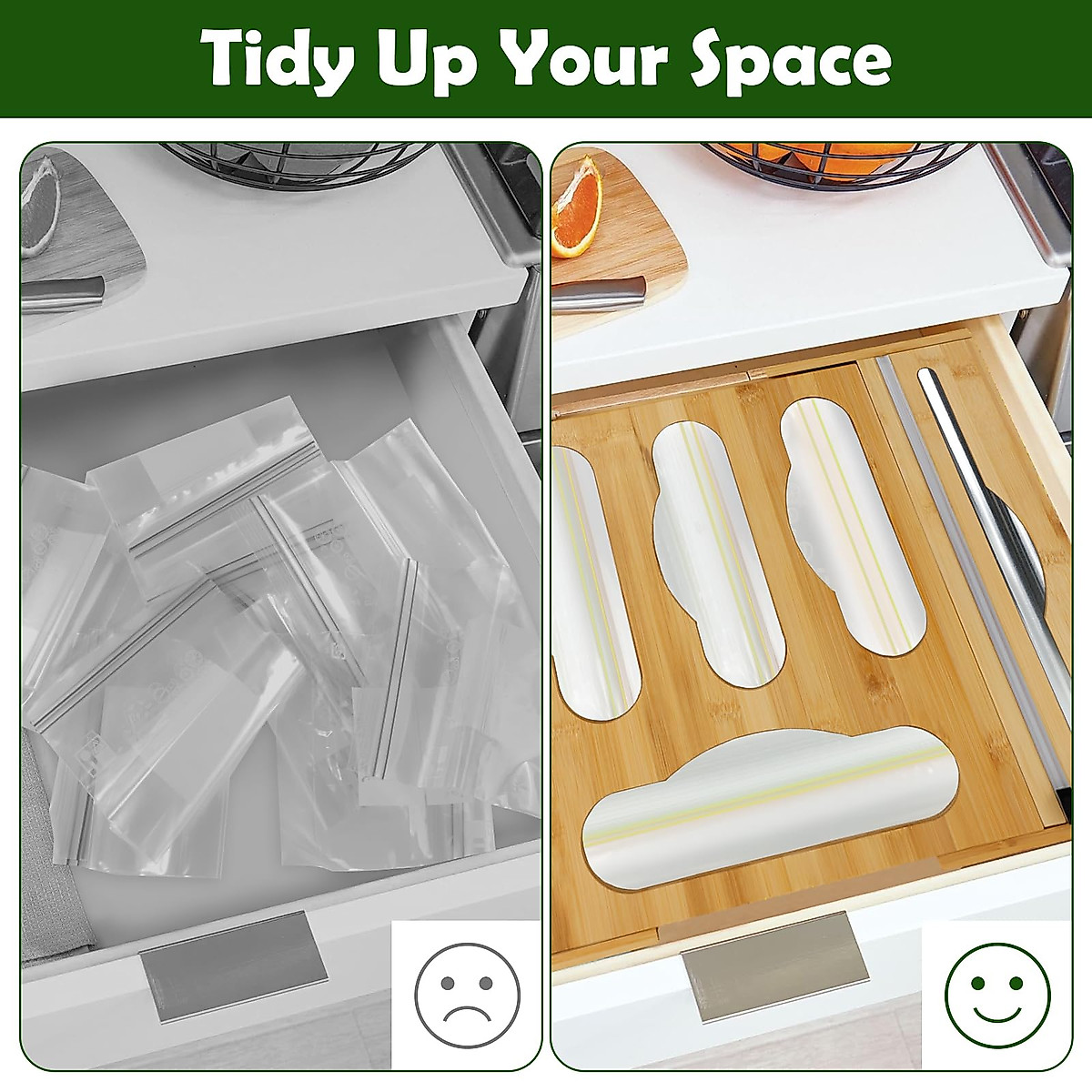 IEMIEBSHA Zip Lock Bag Organizer, 6 in 1 Foil and Plastic Wrap Dispenser with Cutter, Baggie Organizer for Kitchen Drawer, Bamboo Storage Bag Organizer for Gallon Quart Sandwich Snack Bags