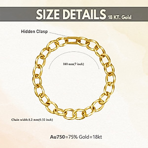 SISGEM 18k Yellow Gold Cuban Link Bracelet for Women, Real 18 Carat Gold Bracelet Fine Jewelry for Her (8.2 mm, 7.0 inch Adjustable)