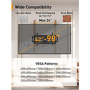 Perlegear UL-Listed Full Motion TV Wall Mount for 42–90 Inch TVs up to 150 lbs, Pre-Assembled TV Mount with Tool-Free Tilt, Swivel, Extension, Max VESA 600 x 400mm, 12″/16″/18″/24″ Wood Studs, PGLF16