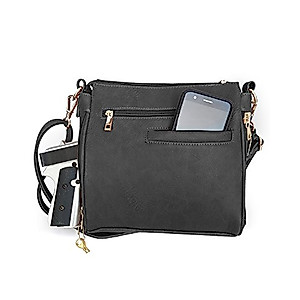 Roma Leathers Concealed Carry Cross Body Handbag - Premium Black Vegan Leather - Adjustable, Detachable, and Wire Reinforced Shoulder Strap - Front Buckle Closure - Dual Gun Entry - Designed in U.S.A