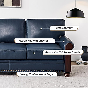 HULALA HOME 81'' Faux Leather Sofa with Nailhead Trim and Wood Decor Rolled Arms, Modern Living Room 3-Seater Couch, Navy Upholstered Couch with Removable Backrest for Bedroom Apartment