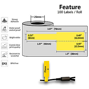 1"x3" 200Labels,YiHERO Cable Label No Ink Required,Thermal Label Paper,Waterproof Tear Resistant Compatible with Label Printer YiHERO YP1/YP10, Phomemo M110/M120,(25×38+40mm),2Roll ,Black on Yellow…