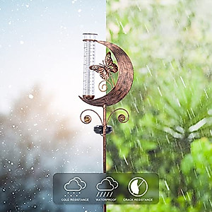 Rain Gauge Outdoor, 35 Inch Solar Powered Metal Butterfly and Moon Garden Stake with Glass Tube for Garden Yard Deck Outdoors Fence Decoration