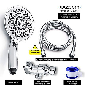 Handheld Shower Head, WASSERN 5.2'' High Pressure 6 Setting 81 Jets Rainfall Massage Water Saving Trickle Pause Extra Long 80'' Stainless Steel Hose Angle Adjustable Brass Ball Joint Bracket Chrome
