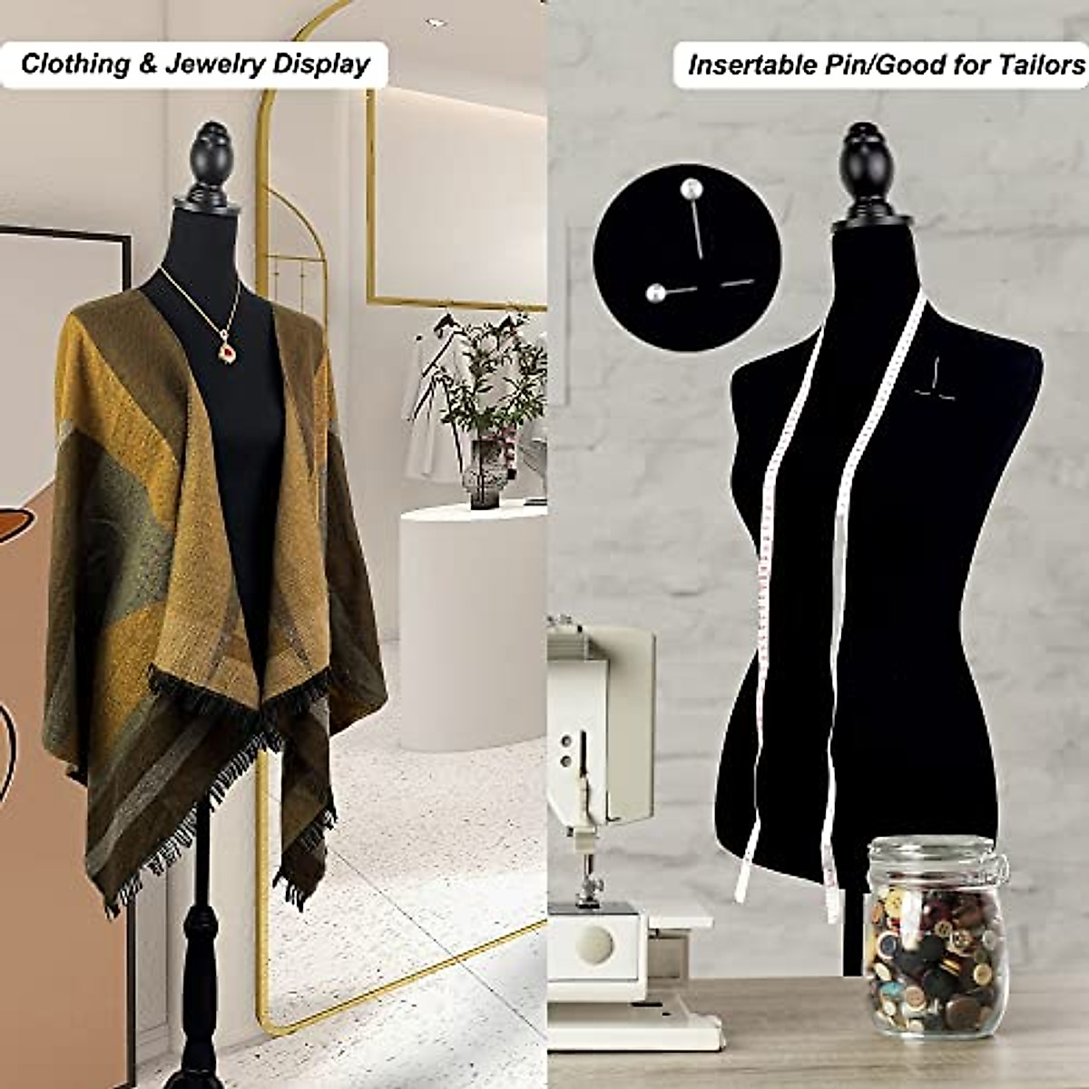 Female Mannequin Torso with Adjustable Tripod Stand, 2 in 1 Dress Form White Mannequin Body w/ Detachable Black Torso Cover for Sewing, Dressmaker, Home Decor, Jewelry & Clothing Display