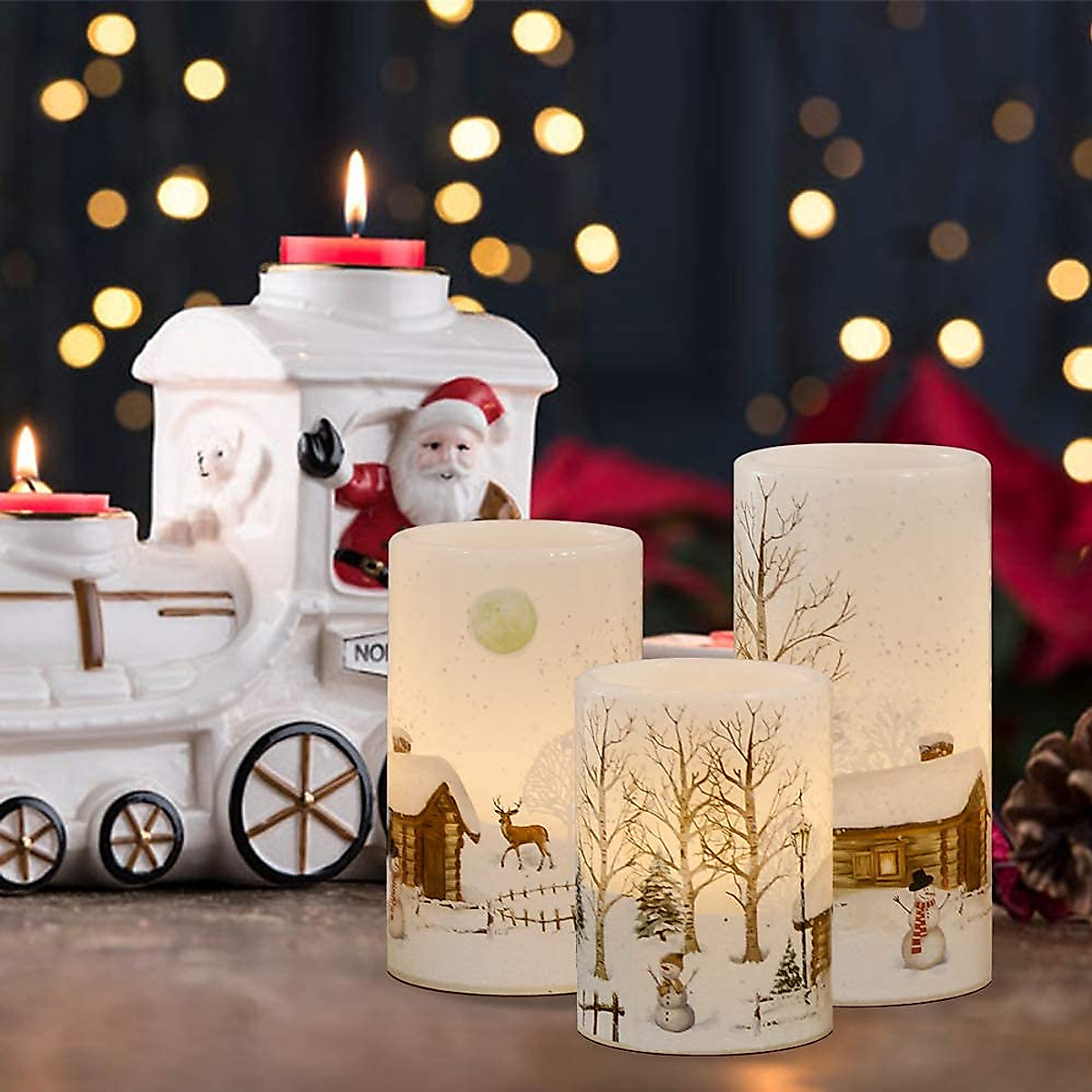 Eldnacele Snowman Christmas Deco Flameless Flickering Candles with Automatical Daily Cycle Timer, White Battery-Operated LED Pillar Candles Snowman Decals 3 Pack (D3” x H 4” 5” 6”) – Snowman