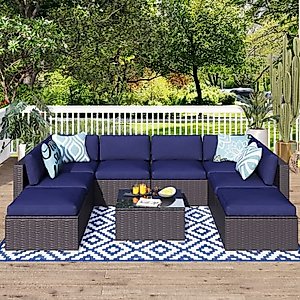 MFSTUDIO 9 Piece Patio Furniture Set,Outdoor Sectional Sofa Conversation Set with Upgrade Brown Rattan Wicker,Blue Removable Cushion&Coffee Table,Low Back Design