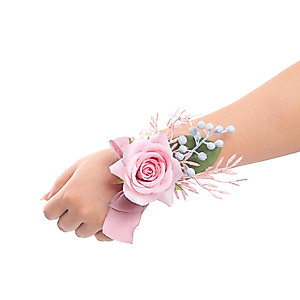 GLIDLION 2Pcs Men Boutonniere and Woman Wrist Corsage Set,Artificial Flowers Groom/Groomsman Boutonniere Pins,Bride/Bridesmaid Wrist Corsage for Wedding Party Homecoming Prom (Dusty Pink)