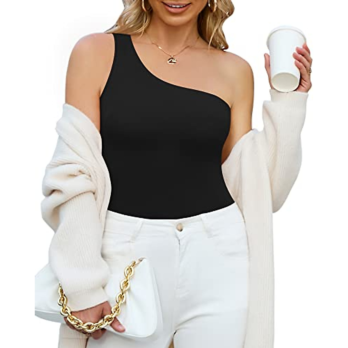 MANGOPOP Women's One Shoulder Off Sleeveless Long Sleeve Tank Top Bodysuit Jumpsuits (A Sleeveless Black, Small)