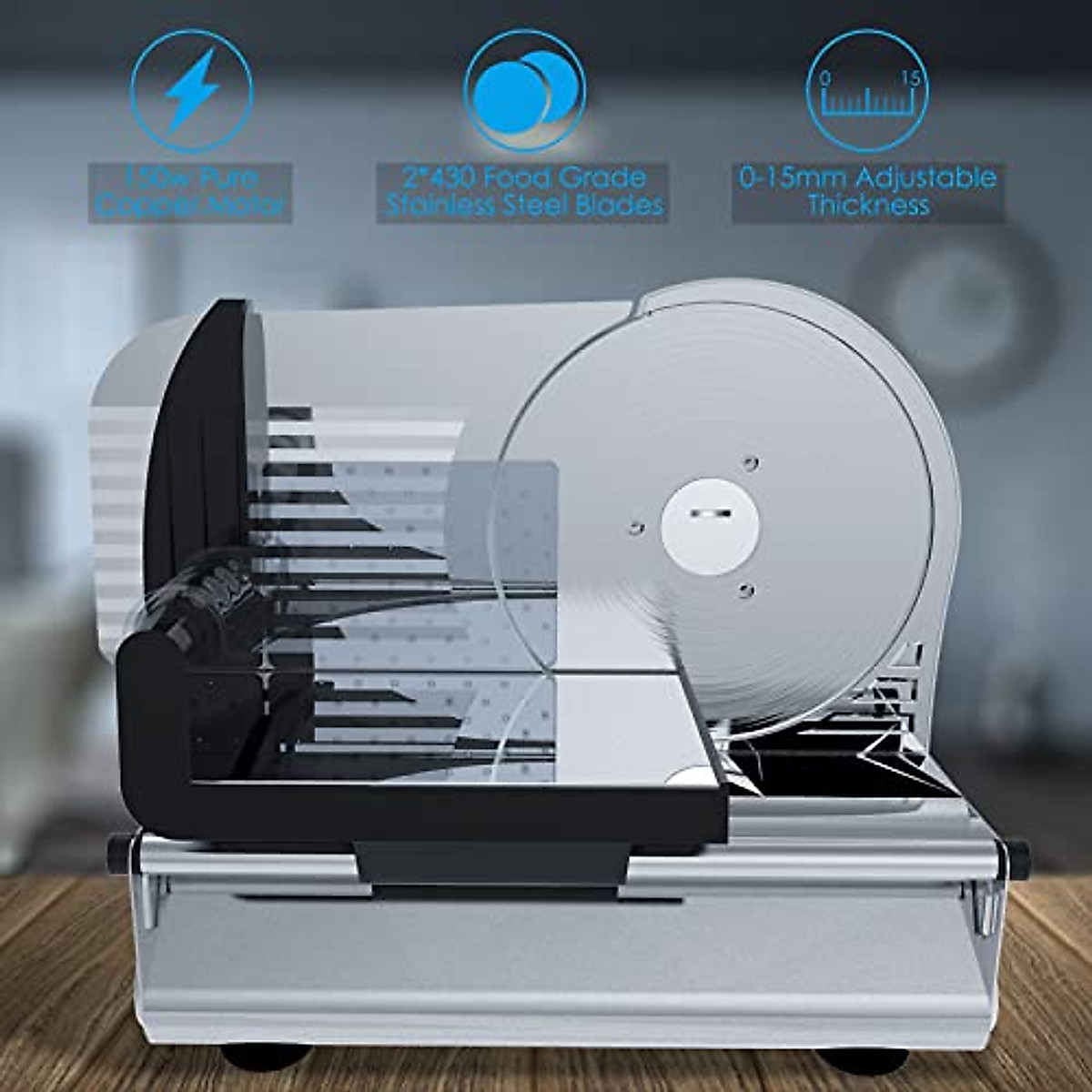 Davivy meat slicer,electric deli food slicer with two removable 7.5" stainless steel blades for cheese bread ham bacon home use with 0-15mm adjustable thickness,150W