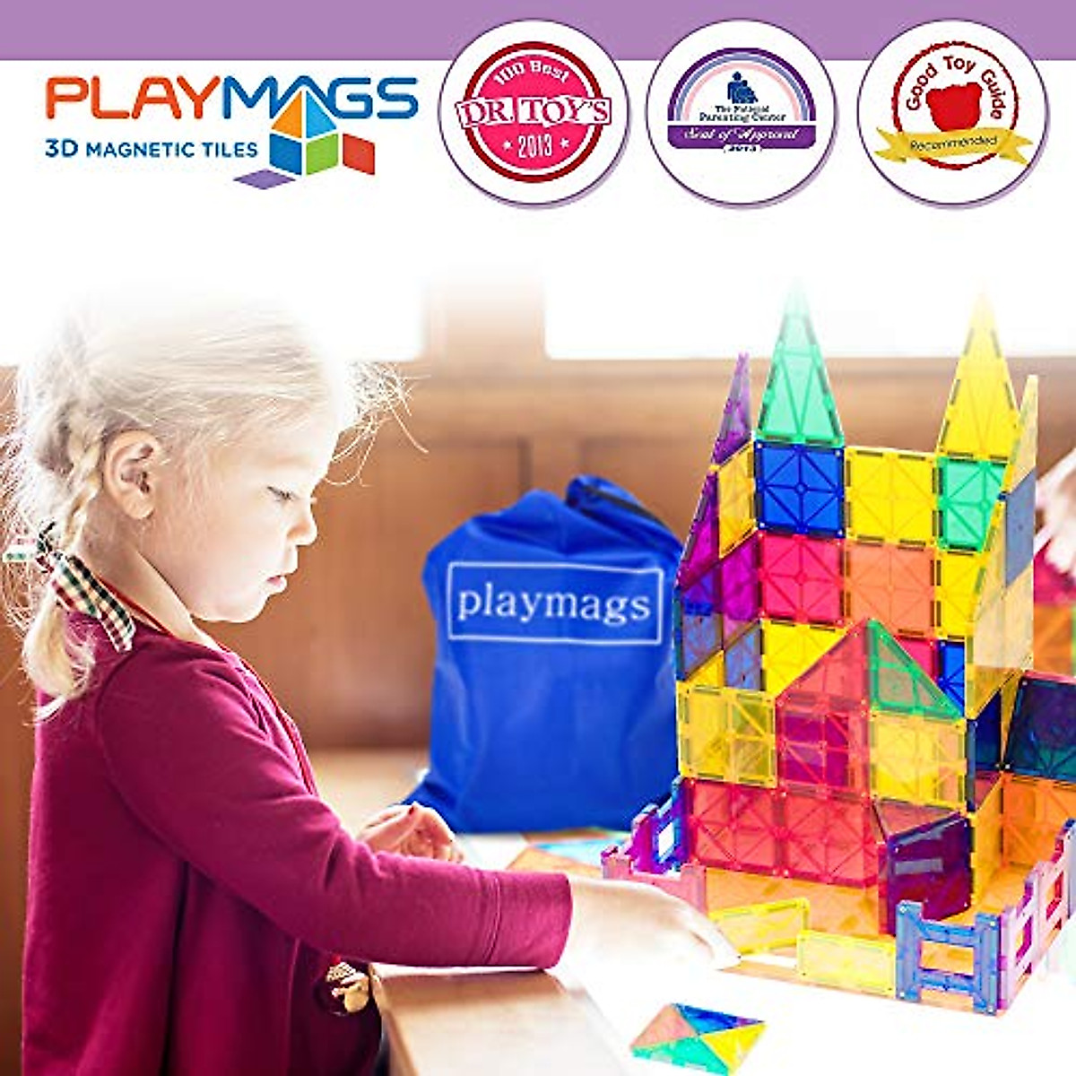 Playmags Magnetic Tile Building Set: Exclusive Educational Clickins 36-Pc. Kit: 18 Super Strong Clear Color Magnet Tiles Windows & 18 Letters & Numbers Stimulate Creativity & Brain Development