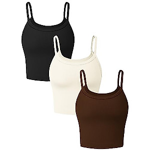Women's 3 Piece Ribbed Tank Tops Seamless Crop Tanks for Womwn Sleeveless Scoop Neck Workout Cami Top - Black/White/Brown S