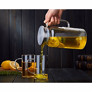 DOPUDO Glass Pitcher (40oz/1250ml) with Handle and Lid,Stainless Steel Infuser, Borosilicate Glass Water Pitcher, Clear Beverage Iced Tea Jug Hot Cold Water Wine Coffee Milk and Juice Glass Carafe