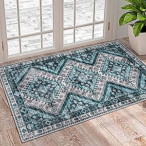 Lahome Vintage Small Area Rug- 2x3 Entryway Rug Ultra-Thin Soft Kitchen Rug Non-Slip Indoor Door Mat Geometric Distressed Throw Carpet Washable Rugs for Entryway Bathroom Bedroom(2x3ft,Blue)