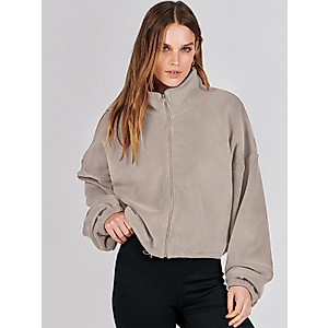 ANRABESS Women's Sweatshirts Full Zip Up Bomber Jacket Oversized Fleece Crop Sherpa Coat Long Sleeve High Neck Teddy Winter Pullover Active Sport Tops Outwear 1097 M, Khaki