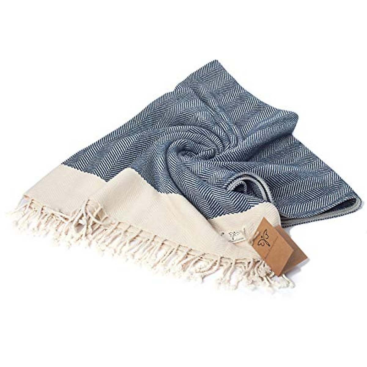 Smyrna Original Turkish Throw Blanket Herringbone Series | 100% Cotton, 50 x 60 Inches | Vintage Boho Throw Blankets for Couch, Sofa, Farmhouse and Home Decor | Lightweight and Super Soft (Navy)