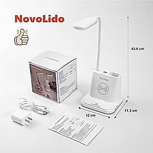 NovoLido LED Desk Lamp with Wireless Charger, Small Desk Light with 10W Quick Adapter, USB Charging Port, Pen Holder, Small Flexible Portable Lamp for Kids, Home, Office, Dorm, Bedside